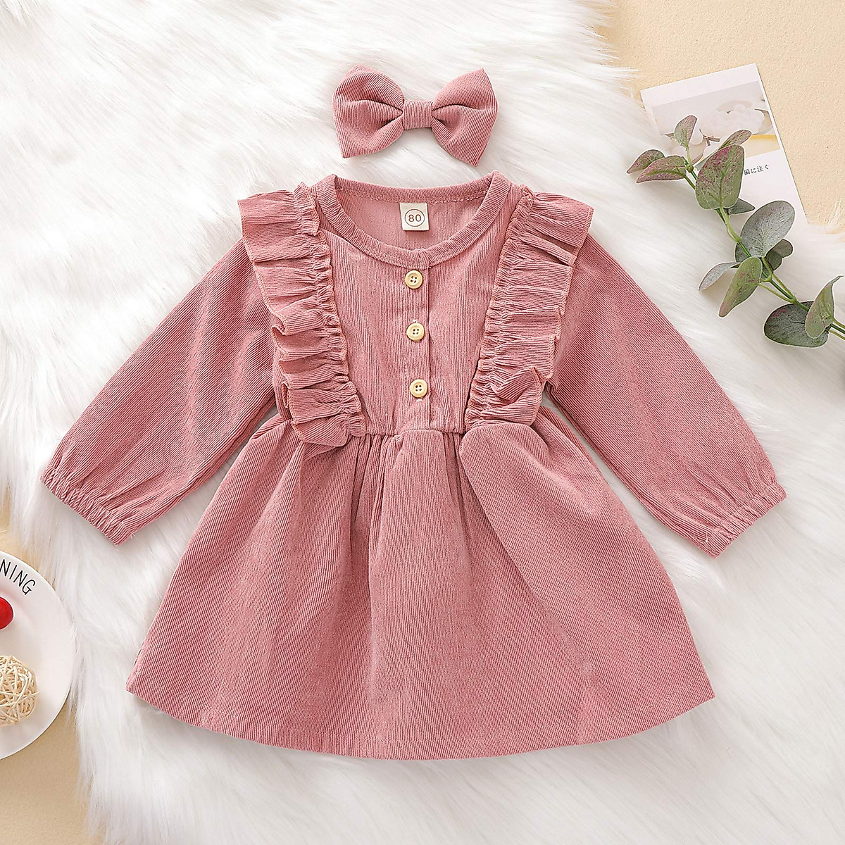Karuedoo Kids Toddler Baby Girl Corduroy Ruffle Long Sleeve Dress Princess Party Dress Fall Winter Skirt Outfit (A-Pink, 2-3T)