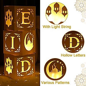 Decoration Boxes with Light - 3pcs White Hollow-out with Warm Light String,EID Cultural Paper Elements Box for Eid al-Fitr Decor Eid al-Adha Festival Ramadan Mubarak Muslim Islamic Supplies