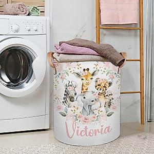 Personalized Laundry Basket, Custom Gift Laundry Hamper, Collapsible Nursery Waterproof Laundry Baskets, Dirty Clothes Toy Hamper with Handles Jungle Safari Blush Floral