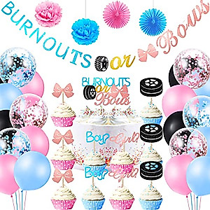54 Pcs Burnouts or Bows Gender Reveal Decorations Gender Reveal Banner Boy or Girl Cake Topper Pink and Blue Balloons Flower Tissue Pom Poms Paper Fans Party Decorations for Baby Shower Party Supplies