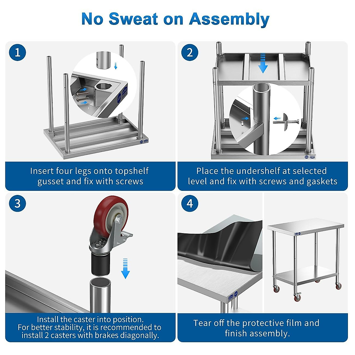 Leteuke Stainless Steel Prep Table, NSF Metal Work Table, SUS201 Commercial Heavy Duty Table with Adjustable Undershelf, Food Prep Table with Wheels for Restaurant Kitchen - 36" x 24" x 37"