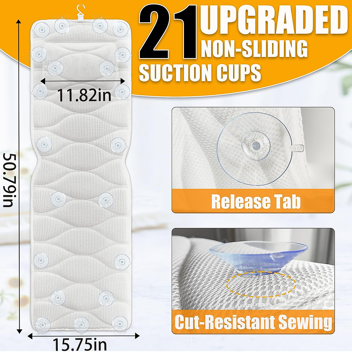 POOIKTFY Full Body Bath Pillow(50.79 x 15.75”x 0.9”),5D Air Mesh & Quick Drying, Bath Pillows for tub & 21 Non-Slip Suction Cups, Spa Bathtub Pillow for Head Neck Shoulder Support (White)