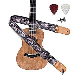 Ukulele Strap, IHOBOR Hawaiian Jacquard Pink Flower Ukelele Shoulder Strap, Suitable for Soprano Concert Tenor Baritone String Instruments