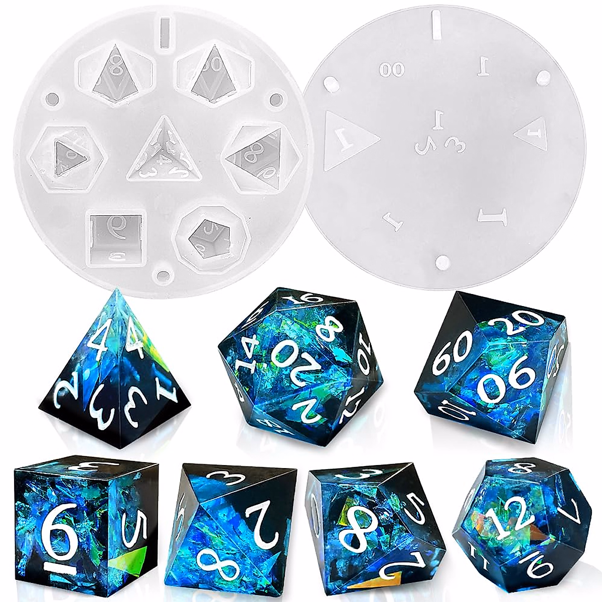 RESINWORLD 7 Piece Sharp Edge Polyhedral Dice Mold, DND Dice Resin Molds for Board Games, Silicone Molds for Resin Dice Making