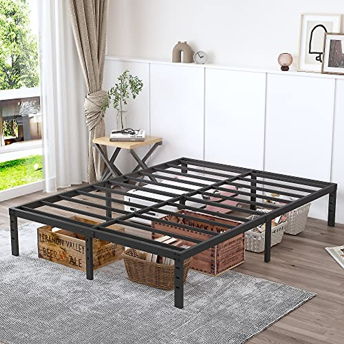 YUSENHEEI Full Size Bed Frame 16 Inches High Metal Platform Bedframe with Slat Strips Easy Assembly Heavy Duty Strong No Need Box Spring Noise Free Non-Slip Large Storage Space Underbed