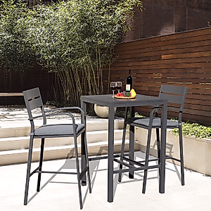 Soleil Jardin Aluminum Outdoor Bar Set, 3-Piece Outdoor Bar Height Table and Chairs Set, Counter Height Bar Stools with Cushions & Slatted High Top Bar Table for Patios, Backyard, Poolside, Dark Grey