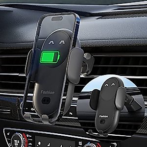 Wireless Car Charger Mount,Infrared Smart Sensor 15W Fast Charging,Kharly Fashion Auto Clamping Phone Holder for Car Vent Phone Mount Wireless Charger for iPhone 14/13/12/11 Pro Max/S22 Ultra（Black）