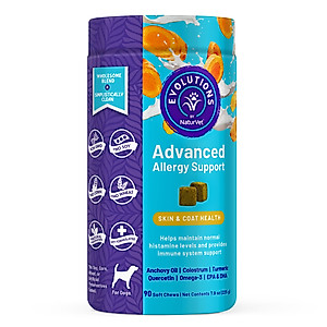 NaturVet Evolutions Advanced Allergy Support 90ct Soft Chews for Dogs - Omega-3, Anchovy Oil, Colostrum, Turmeric, Quercetin, Probiotic - Helps Maintain Normal Histamine Levels
