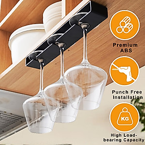 AQJUNONG Wine Glass Holder ， 2 Pack Wine Glass Rack, No Drilling Wine Glass Holder Under Cabinet, Hanging Stemware Rack Organizer Hanger for Bar and Kitchen Cabinet（Classic Black）