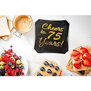 75th Birthday Decorations for Men Women Party Supplies Cocktail Napkins Black Gold 50 Pack,5"x 5" Folded, Cheers to 75 Years!