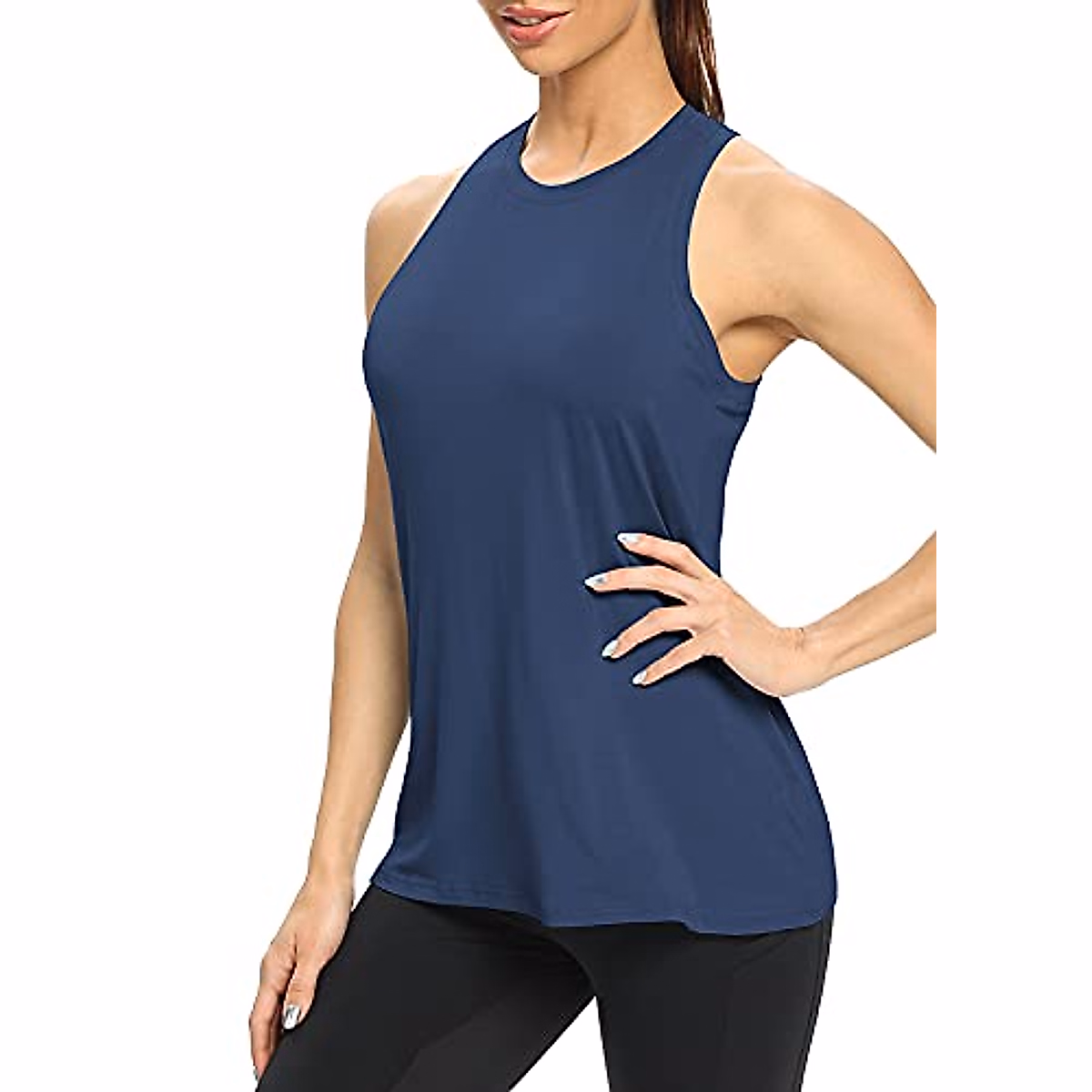 Mippo Workout Tank Tops for Women Loose Fit Yoga Shirts Athletic Top High Neck Racerback Tank Tops Cute Work Out Clothes Gym Tee Shirt Long Flowy Tank for Women Navy Blue S