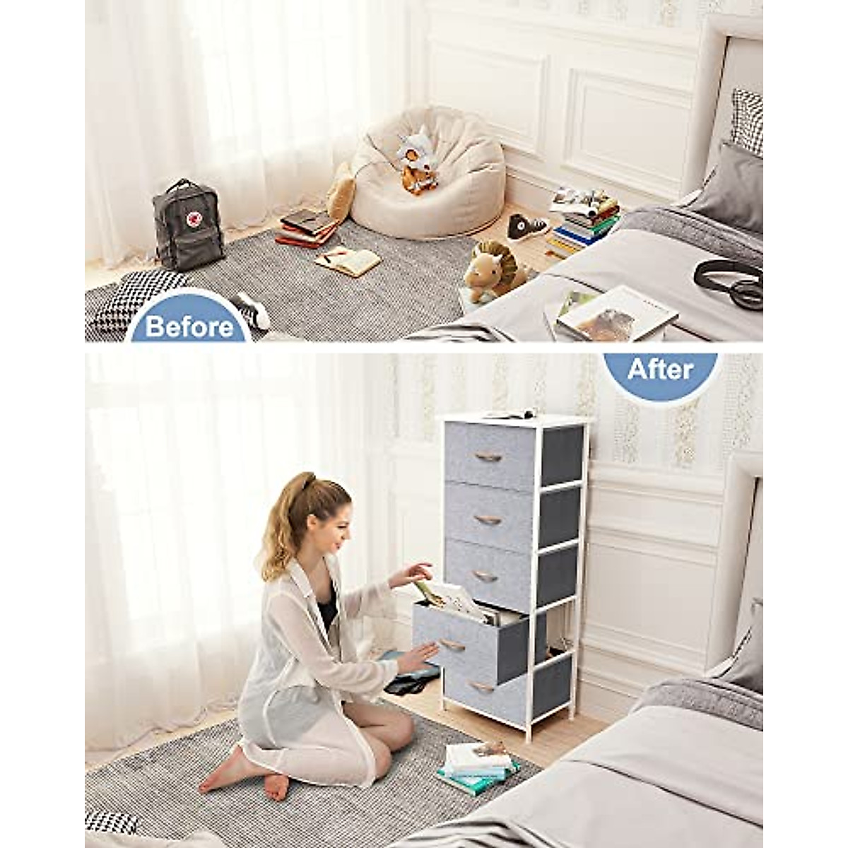 Crestlive Products Vertical Dresser Storage Tower - Sturdy Steel Frame, Wood Top, Easy Pull Fabric Bins, Wood Handles - Organizer Unit for Bedroom, Hallway, Entryway, Closets - 5 Drawers (Light Gray)