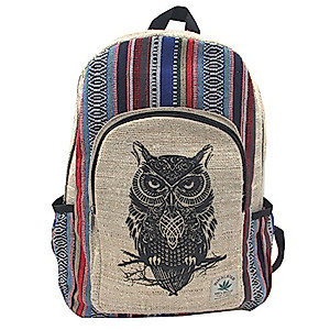 KayJayStyles Natural Handmade Large Multi Pocket Hemp Nepal Backpack (Owl)