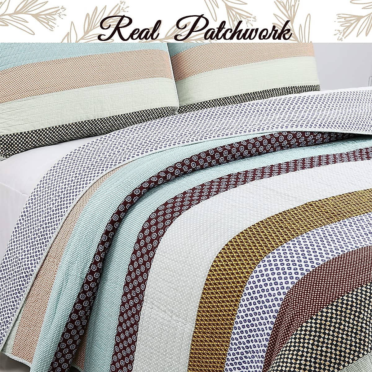 Cozy Line Home Fashions 100% Cotton Reversible Quilt Bedding Set, Cottage Stripe Gingham Check Coverlet Bedspread (Nesco Stripe, King-3 Piece)