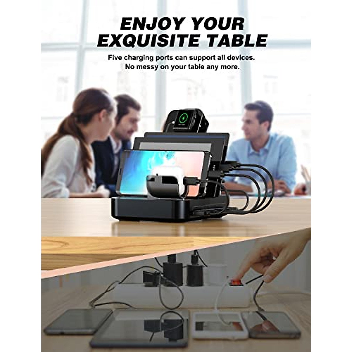 Charging Station for Multiple Devices, 5 in 1 Multi USB Charger Station with iWatch & Airpod Stand and 8 Mixed Short Cables, 50W Charging Dock Compatible with iPhone, iPad, Cell Phone, Tablets