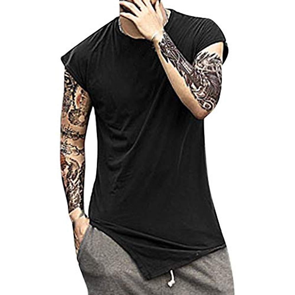 YOMXL Men Solid Color Irregular Hem Tops Athletic Sport Soft Tank Tops Casual T Shirt Tee Black