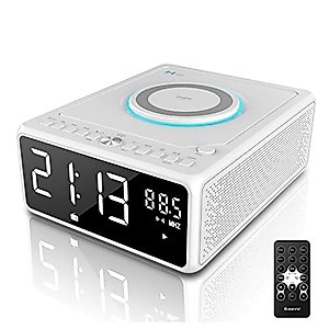 G Keni CD Player Dual Alarm Clock Radio, Bluetooth Boombox with Remote, 10W Fast Wireless Charging, Digital FM Radio, MP3/USB Music Player, Snooze & Sleep Timer, Dimmable Mirror LED Display for Home