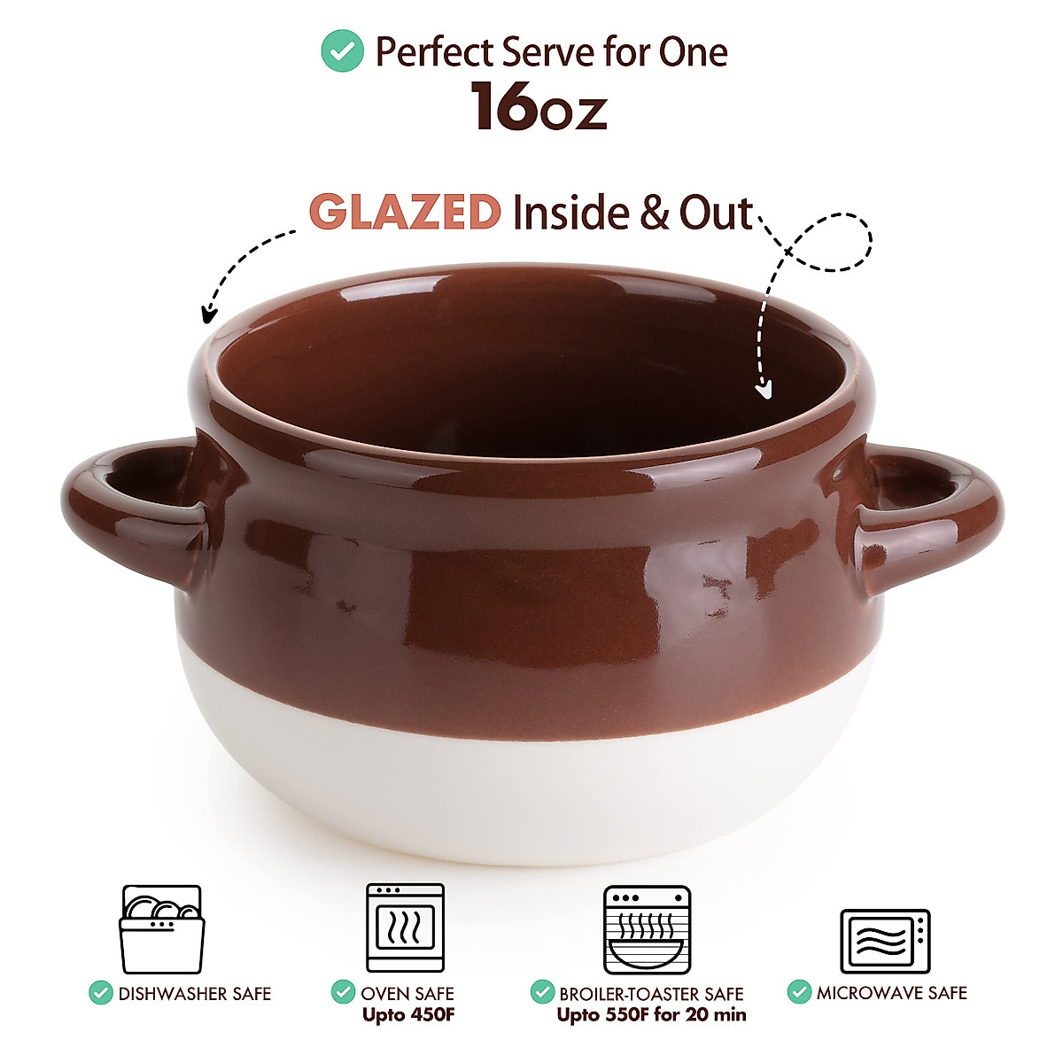 French Onion Soup Crocks Oven Safe - French Onion Soup Bowls- Set of 4 (16 Oz) Oven, Broiler, Microwave & Dishwasher Safe Glazed Ceramic Soup Bowls with Handles. Digital Recipe book included- Oishi