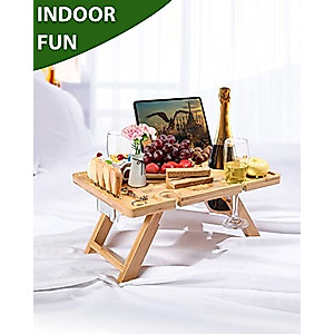 tgosomt Wine Picnic Table Foldable, Portable Bamboo Picnic Table, Picnic Tray for Outdoor, Park, Camping, Beach
