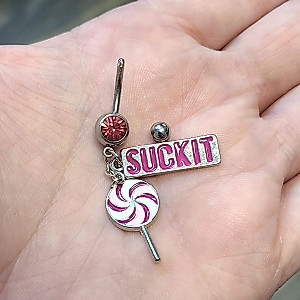 14G Belly Ring Pink CZ Gem 316L Surgical Steel Suck It Dangle Belly Button Rings Pink Lollipop Dangle Sexy Letters Belly Piercings Jewelry 7/16" (11mm)