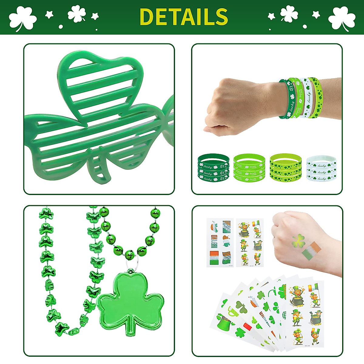 96Pcs St. Patricks Day Party Favors Set Shamrock Glasses Necklaces Bracelets Tattoos St. Patrick's Day Accessories Decorations Supplies
