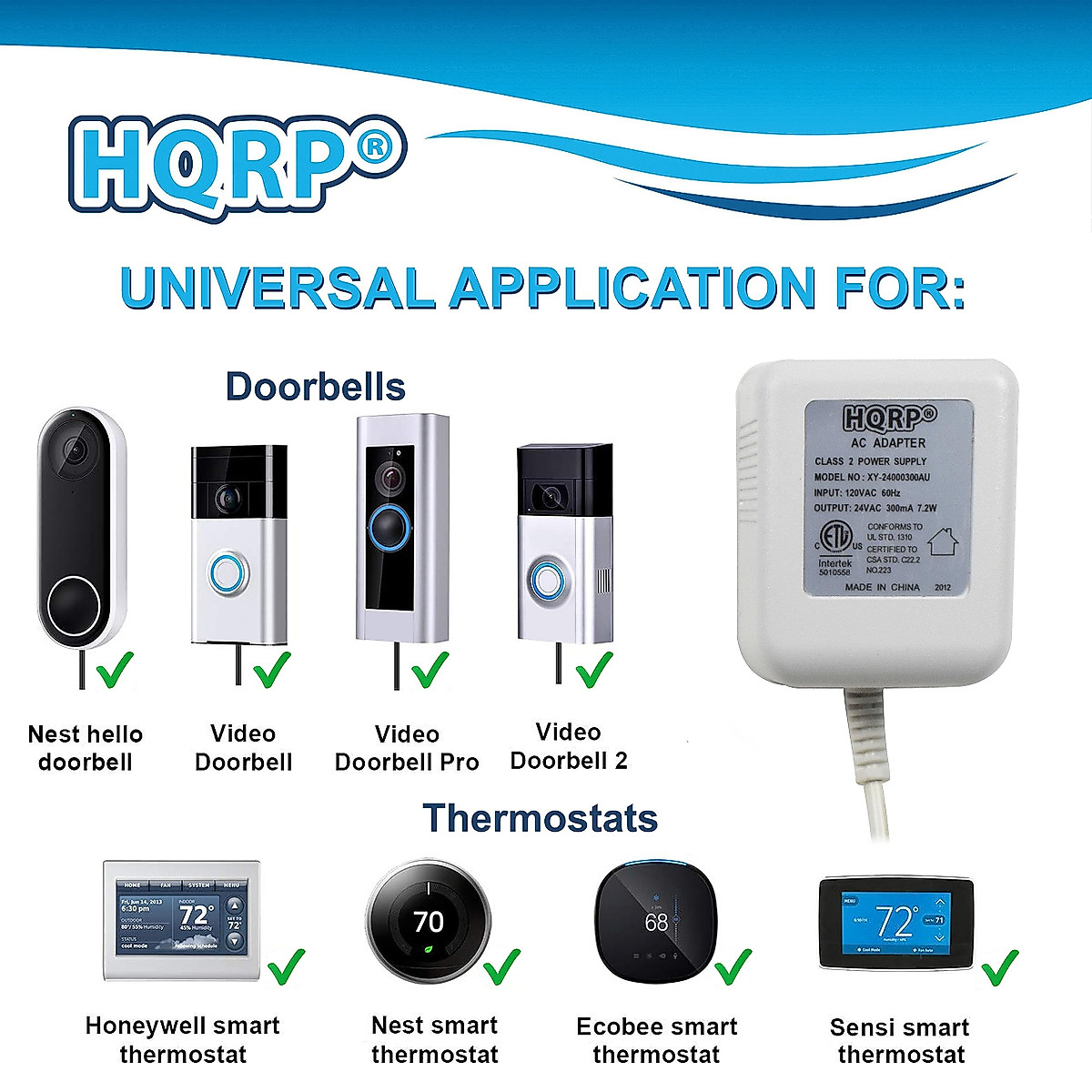 HQRP C Wire Adapter 24V AC Transformer Compatible with Ecobee Nest Honeywell Emerson Ecobee4 Smart WiFi Thermostat, 25ft Cable, White, ETL Listed
