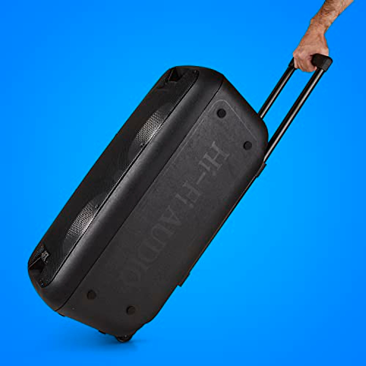 QFX PBX-100 Portable Rechargeable Bluetooth Speaker with LED Party Lights, Dual 10 in. Woofers, TWS, FM Radio, Handles and Wheels