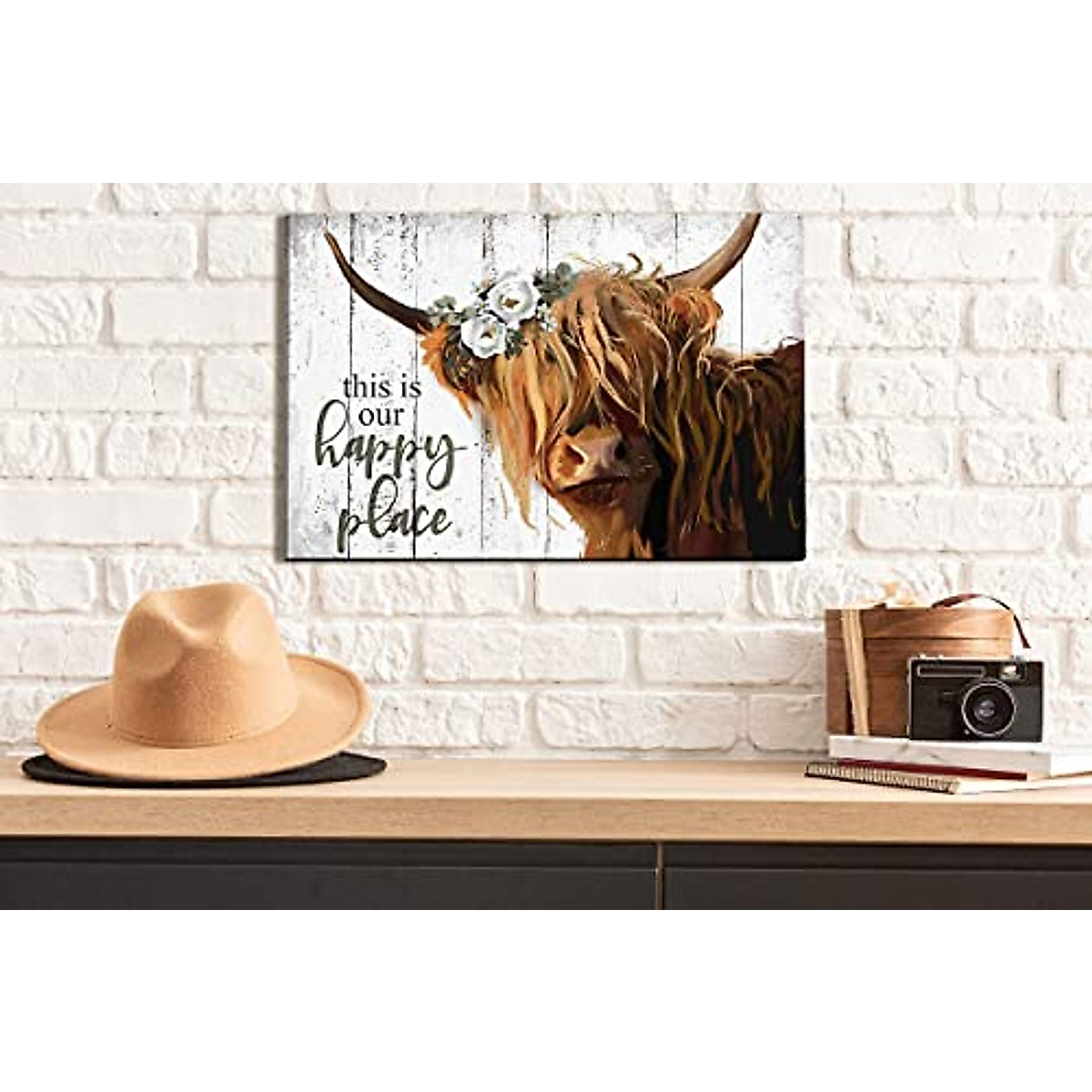 Highland Cow Wall Art - This Is Our Happy Place Inspirational Canvas Poster for Home - Long Haired Scottish Cow with White Flower Picture Farmhouse Kitchen Decor Framed (10"x15")