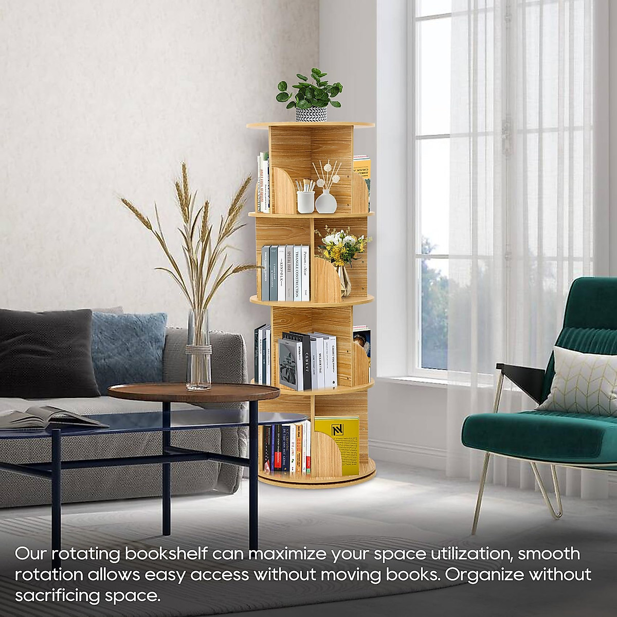 Dozont Upgraded 18" Rotating Bookshelf Tower, 4 Tier Circular Bookshelf for Kids&Adults, Wood 360° Floor Standing Book Storage Rack, Spinning Bookshelf Tower for Office Home Living Room Study, Wood