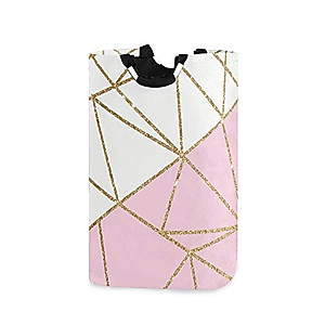 ALAZA Large Laundry Basket Nordic Pink Gold Marble Geometry Laundry Bag Hamper Collapsible Oxford Cloth Stylish Home Storage Bin with Handles, 22.7 Inch