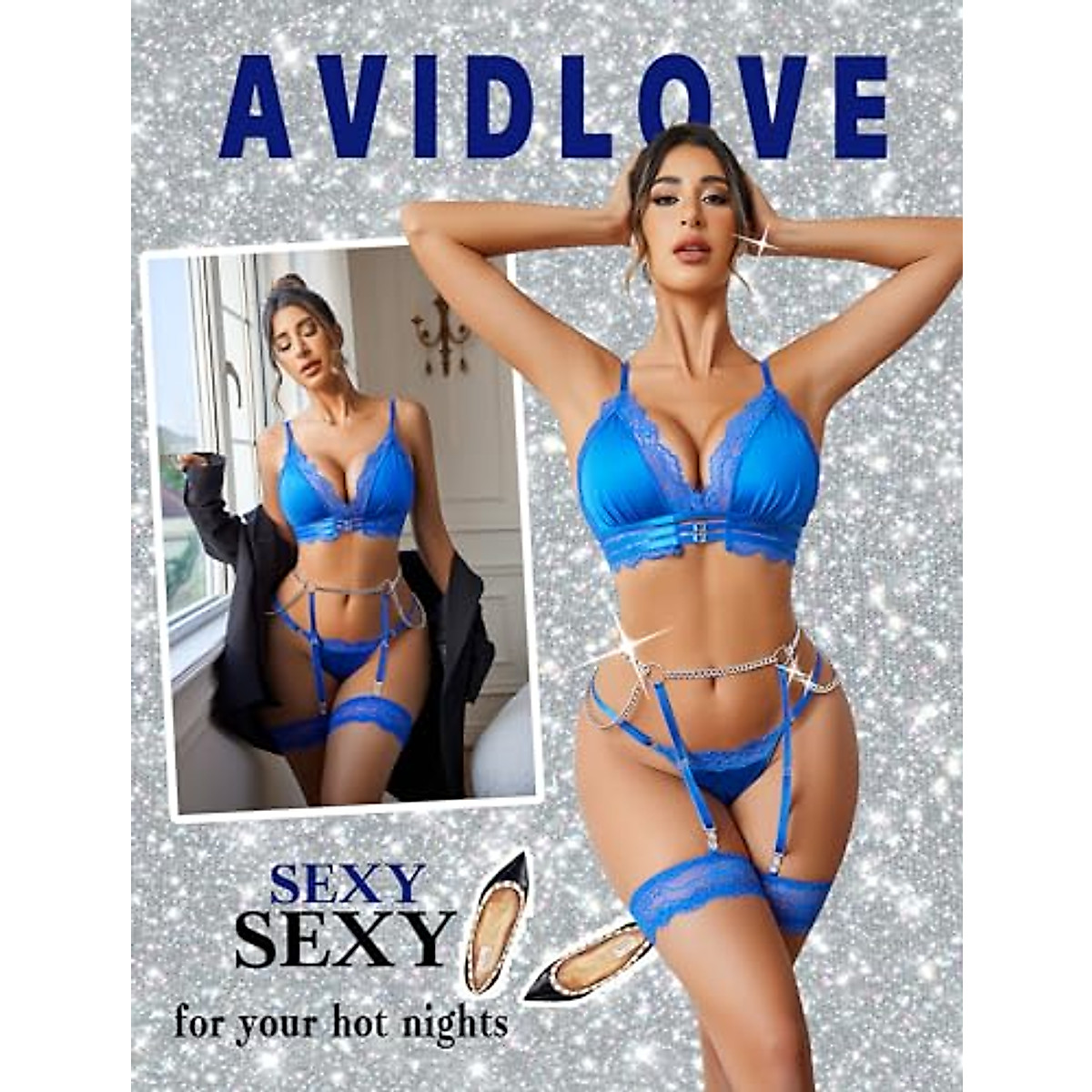 Avildlove Woman Sexy Lingerie Garter Belt Set Lace Lingeries Bra and Panty Sets No Stockings (Blue, M)