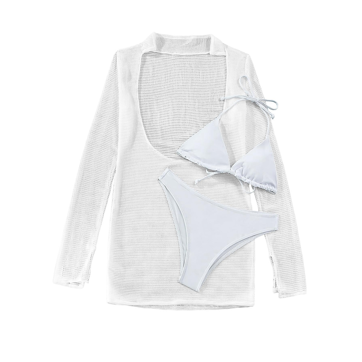 Lilosy Sexy Long Sleeve Mesh Sheer Beach Swim Cover Up Dress Bikini 3 Piece Women Drawstring Swimwear Swimsuit String Bathing Suit Set Fishnet White Large