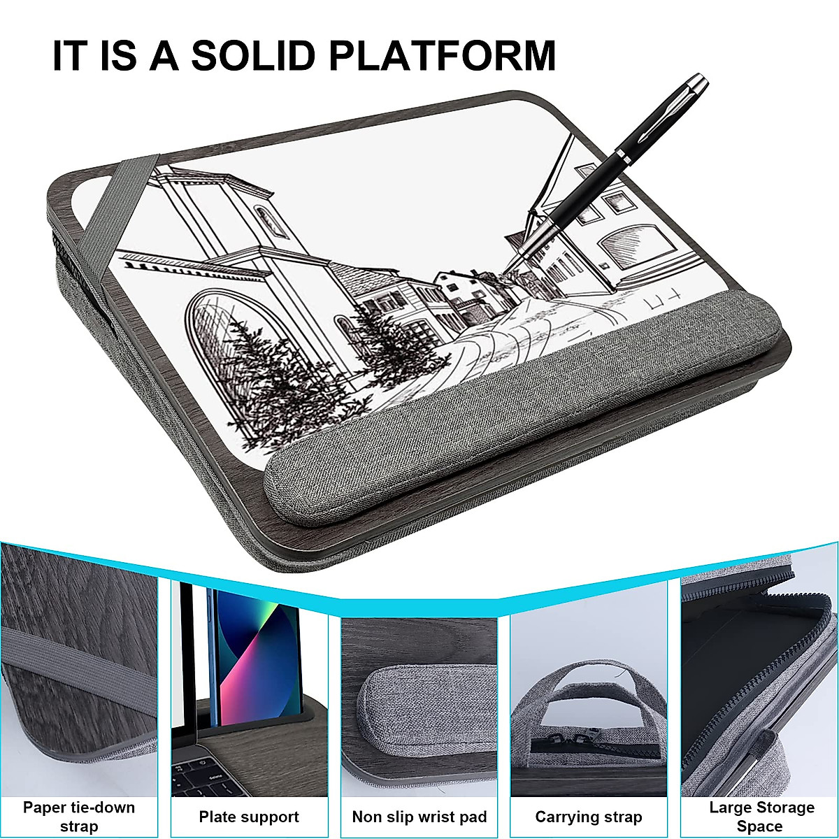 KerrKim Laptop Lap Desk Bed Table, Fits up to 15.6 inch Laptop Desk with Cushion, with Anti-Slip Strip & Large Storage Space for Home College Office Students Use as Computer Laptop Stand, Book Tablet