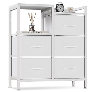 Furnulem White Dresser for Bedroom, Small Nightstand with 2-Tier Open Shelf and 5 Fabric Drawers, Storage Unit Organizer Tower Furniture for Living Room, Hallway, Dorm, Closets(White)