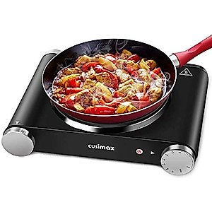 Cusimax Hot Plate Electric Burner Single Burner Cast Iron hot plates for cooking Portable Burner 1500W with Adjustable Temperature Control Stainless Steel Non-Slip Rubber Feet, Upgraded Version