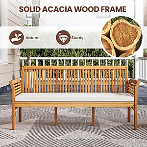 RELAX4LIFE 62.5’’ Outdoor Bench Acacia Wood - 3-Person Patio Bench w/Backrest, Armrests & Removable Seat Cushion, Slatted Wooden Garden Bench for Front Porch Park Backyard, 1200 LBS Weight Capacity