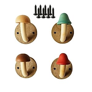 Auntzyj Wooden Mushroom Coat Hooks, Wall Mounted Towel Hanger, Solid Wood, Colorful, Set of Hooks with Screws (4 Hooks & 8 Screws)