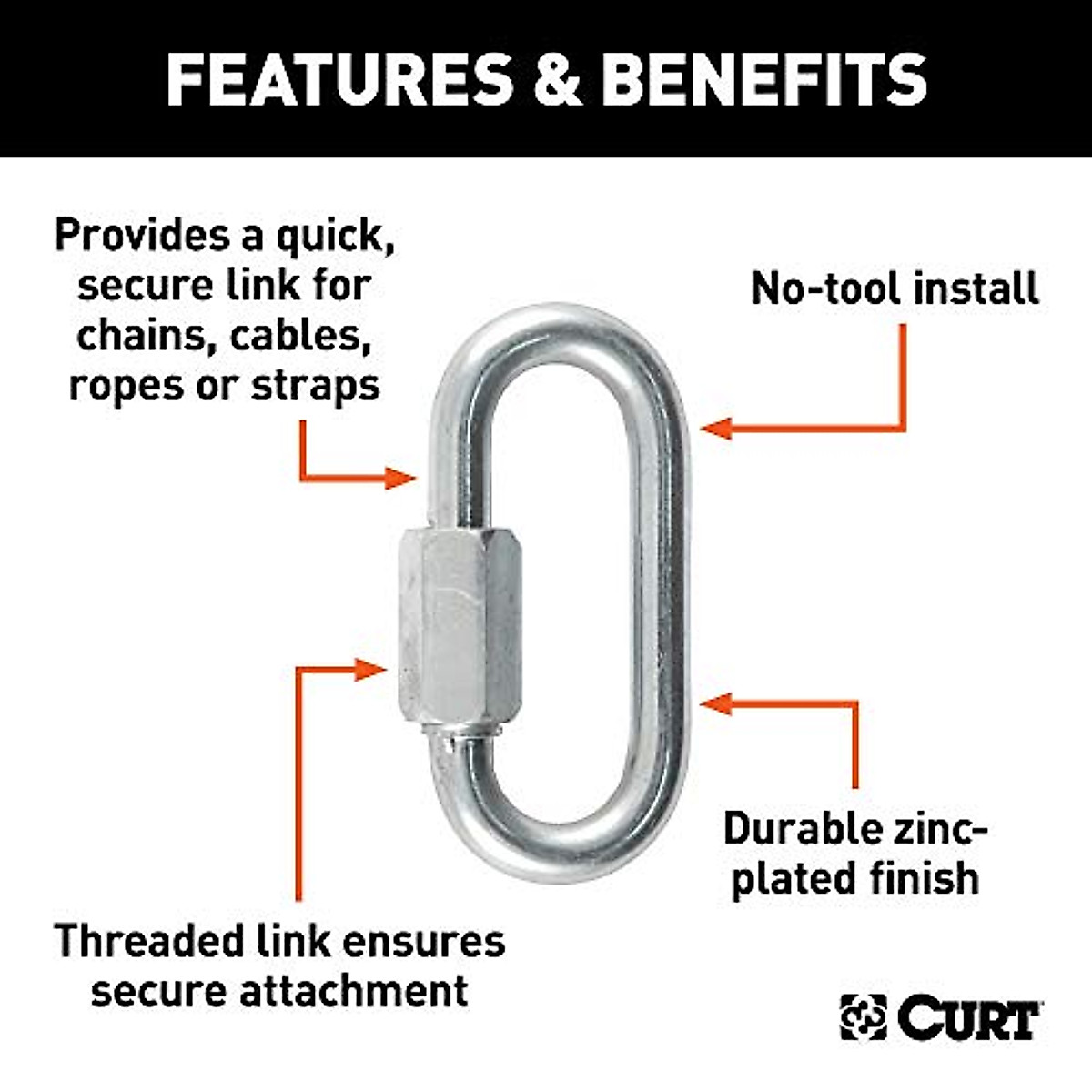 CURT 82903 Threaded Quick Link Trailer Safety Chain Hook Carabiner Clips, 5/16-Inch Diameter, 1,760 lbs., 2-Pack