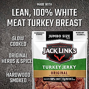 Jack Link's Turkey Jerky, Original, 5.85 oz. Sharing Size Bag – Flavorful Meat Snack with 12g of Protein, 80 Calories, Made with 100% Turkey - 96% Fat Free, No Added MSG or Nitrates/Nitrites