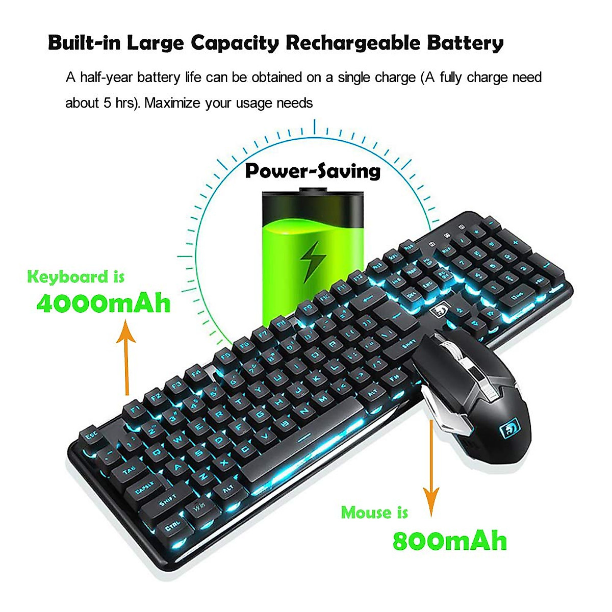 Soke-Six Wireless Rechargeable Backlit Keyboard and Mouse Combo, 2.4G Full-Size Mechanical Feel Gaming Keyboards with USB 2400DPl Mice,Adjustable Breathing Lamp,Anti-Ghosting (Black& Blue Light)