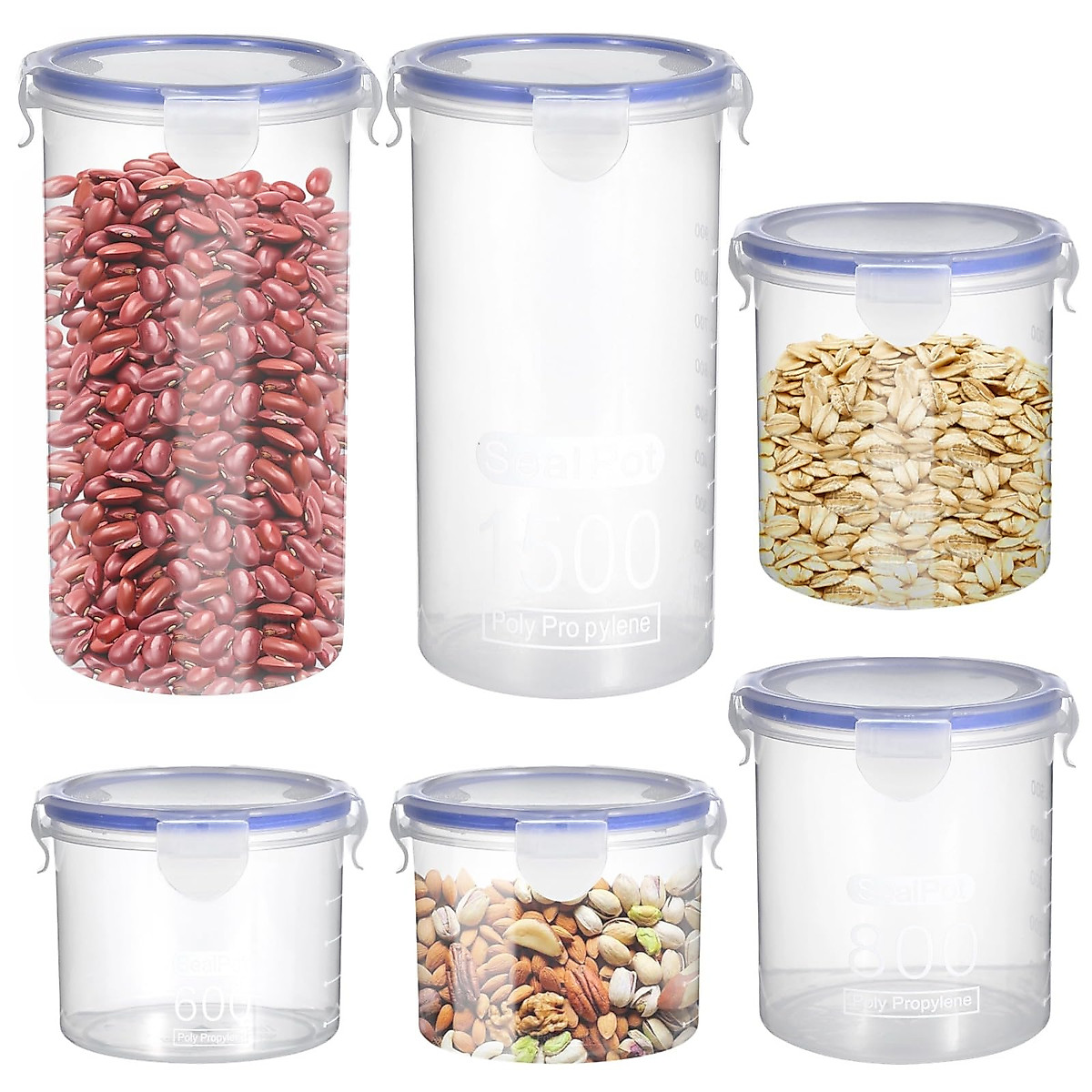 OMISTAR 6PCS Plastic Food Storage Jars with Airtight Lids, 50oz 27oz 20oz Round Airtight Plastic Canisters, Meal Prep Food Storage Container Set, BPA Free PP Pantry Organizers