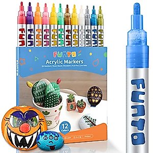 Funto Acrylic Paint Pens for Rock Painting, Fabric, Wood, Canvas, Metal, Ceramic, Glass, Scrapbooking Craft,12 Colors Paint Marker Set, Medium Tip, Non-Toxic, Quick Drying