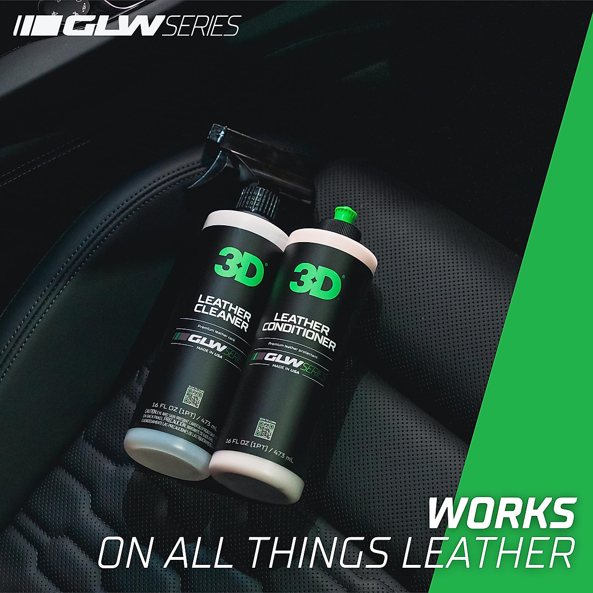 3D Leather Conditioner for Car, GLW Series | Restore, Condition, Protect | UV Protection | Conditions Leather Seats, Furniture, Boots, Apparel | DIY Car Detailing | 16 oz