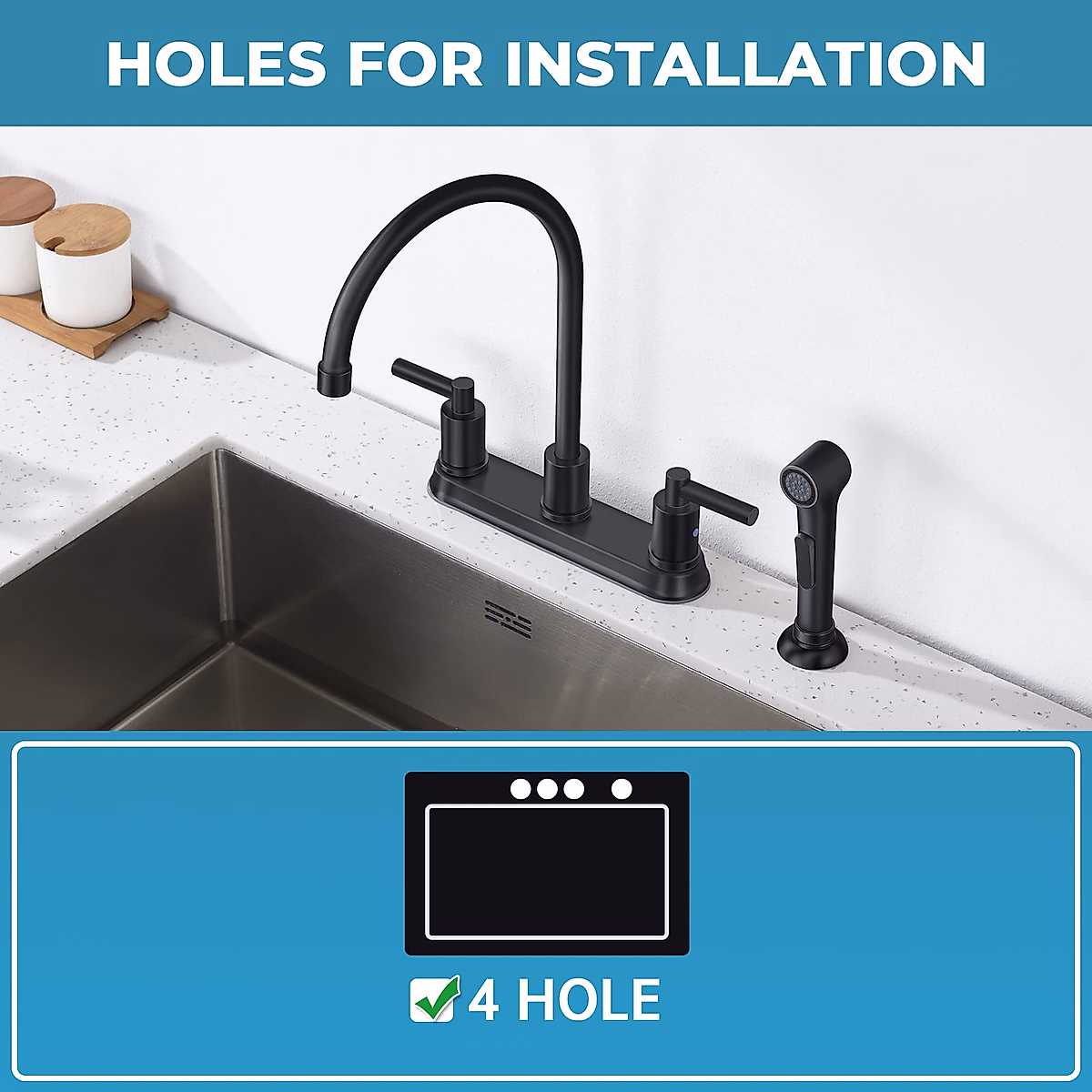 ARRISEA 8 inch Two Lever Kitchen Faucet with Pull Out Side Sprayer,Black Stainless Steel Two Handle Kitchen Sink Faucet,4 Hole Kitchen Faucets with Side Sprayer,Faucet for Kitchen Sink