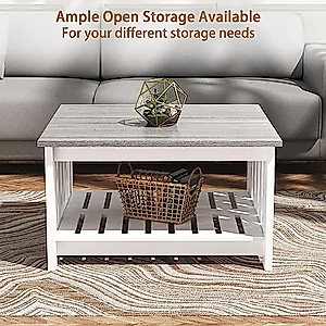 VOXANOXI Square Coffee Table with Storage, Modern Rustic Coffee Table for Living Room, Wooden Farmhouse Coffee Table with Open Storage, Center Table for Living Room, Rustic Grey