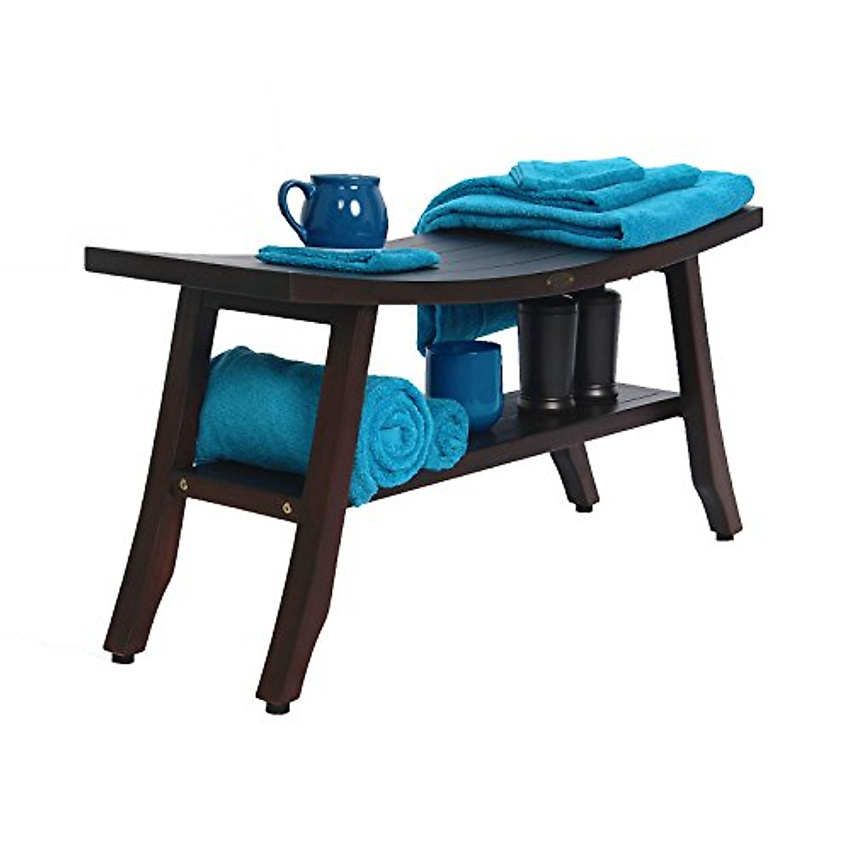 DecoTeak Satori Teak Shower Bench 34″ Long Eastern Style Wood Shower Bench with Curved Seat and Shelf Wooden Seat Shower Stool in Woodland Brown Finish