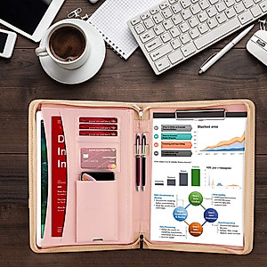 Darolin Zippered Leather Padfolio Portfolio with Hidden Handle and Clipboard, Business Conference Organizer Notepad Folder, Portfolio Bag, Padfolio for Women/Men (Rosegold)