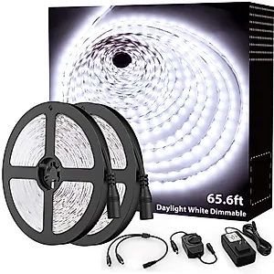 Onforu LED Strip Lighting Bright White, 65.6ft 6000K Dimmable Daylight White Tape Light, 20m 1200 LEDs 2835 Flexible Ribbon Easter Light, 12V Adhesive Rope Light for Kitchen, Under Cabinet, Bedroom
