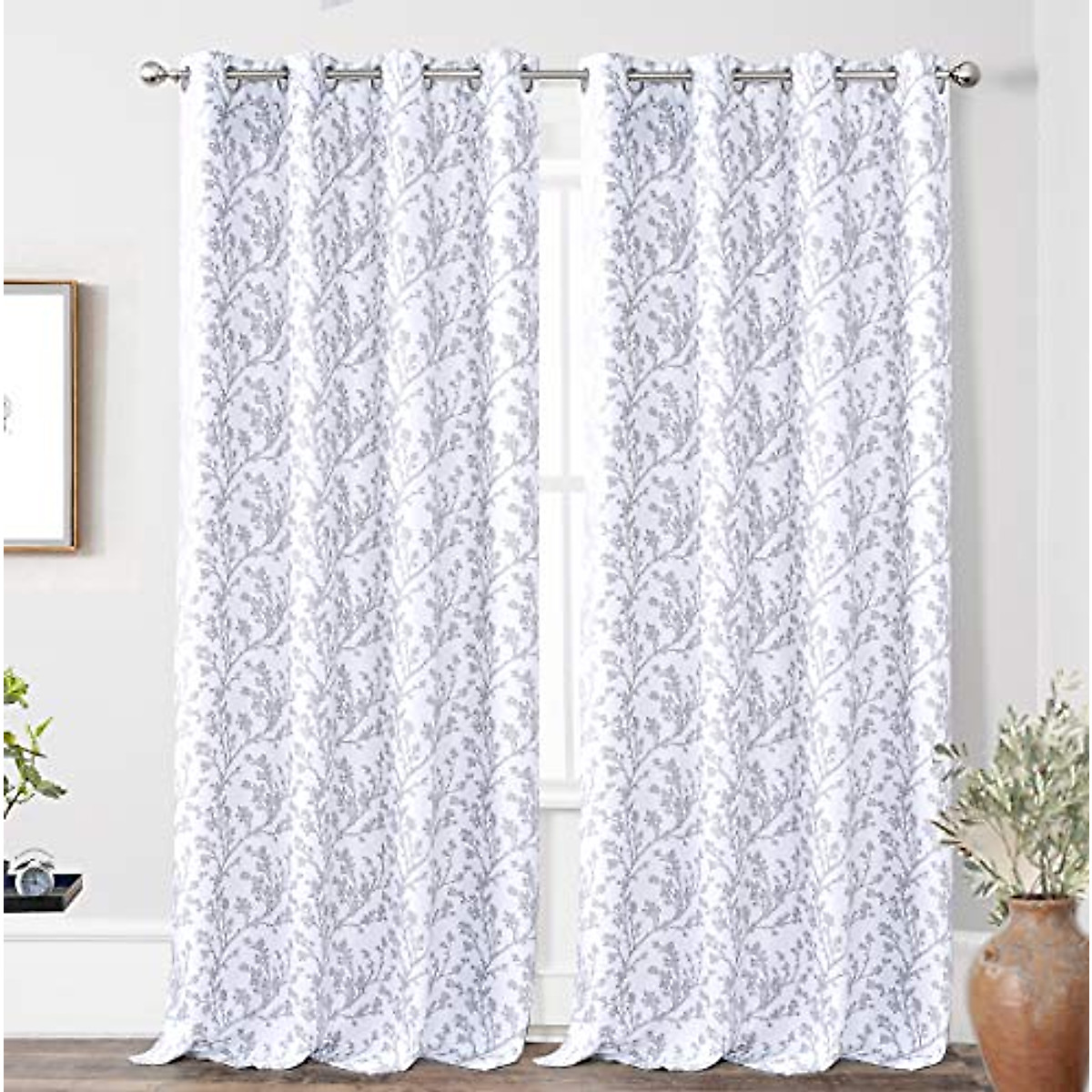 DriftAway Sarah Floral Tree Branch Pattern Blackout Thermal Insulated Window Curtain Grommet 2 Layers 2 Panels 52 Inch by 84 Inch Gray