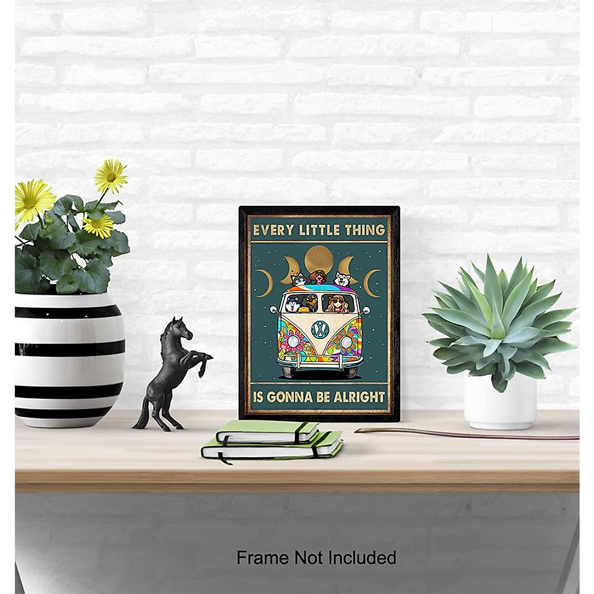 Flower Child Hippie Wall Art - Cute Positive Saying Wall Art - Retro Inspiration Gift for Woman - 60's Hippie Room Decor - Boho-chic hippie bus Poster - Every Little Thing Is Gonna Be Alright 8x10